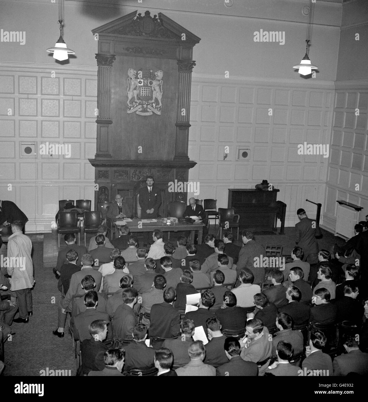 Addressing a packed meeting of footballers at caxton hall hi-res stock ...