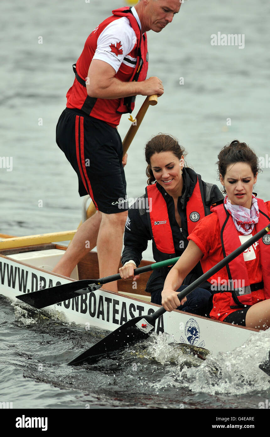 The Duchess of Cambridge (centre) rowing in a Dragon boat as she races ...