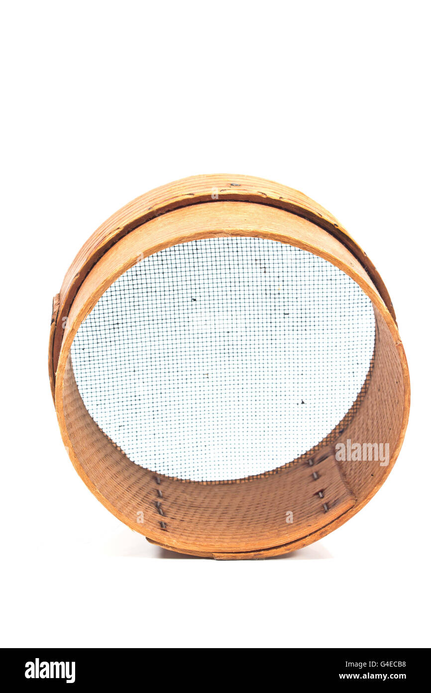 Old wooden sieve for flour isolated on white Stock Photo - Alamy