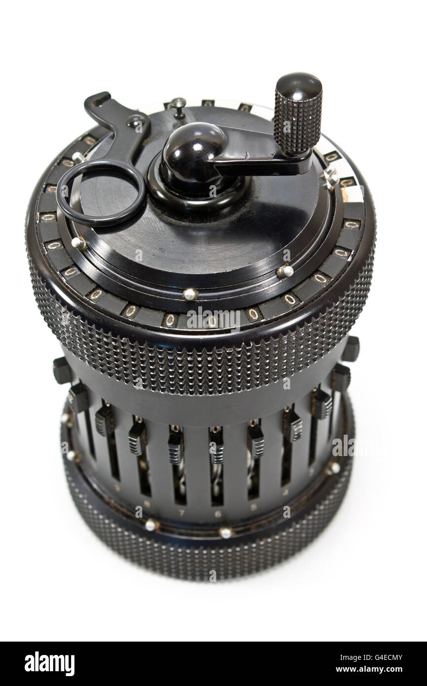 Vintage mechanical calculator isolated on white Stock Photo - Alamy