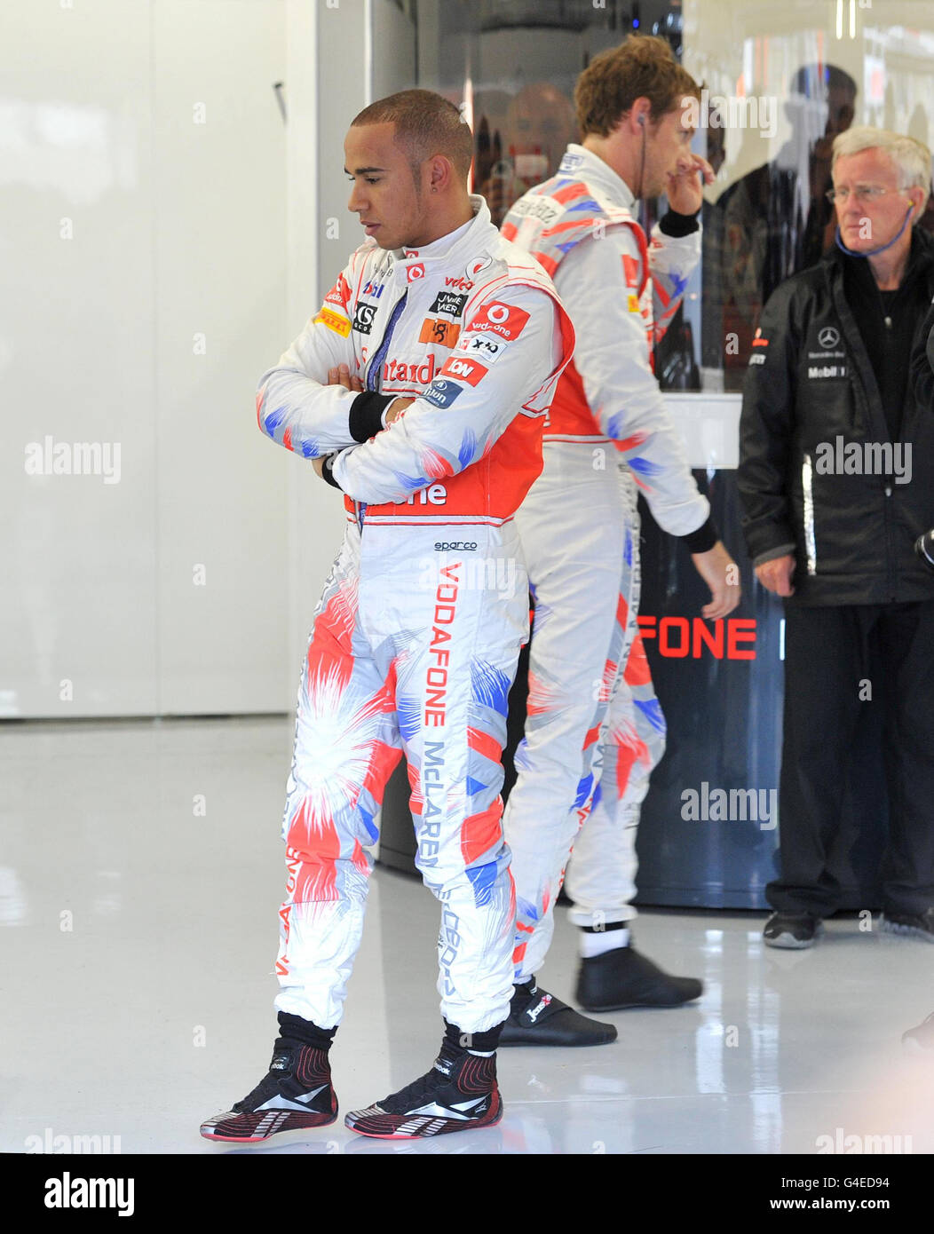 McLaren Mercedes' Jenson Button and Lewis Hamilton in the team garage ...