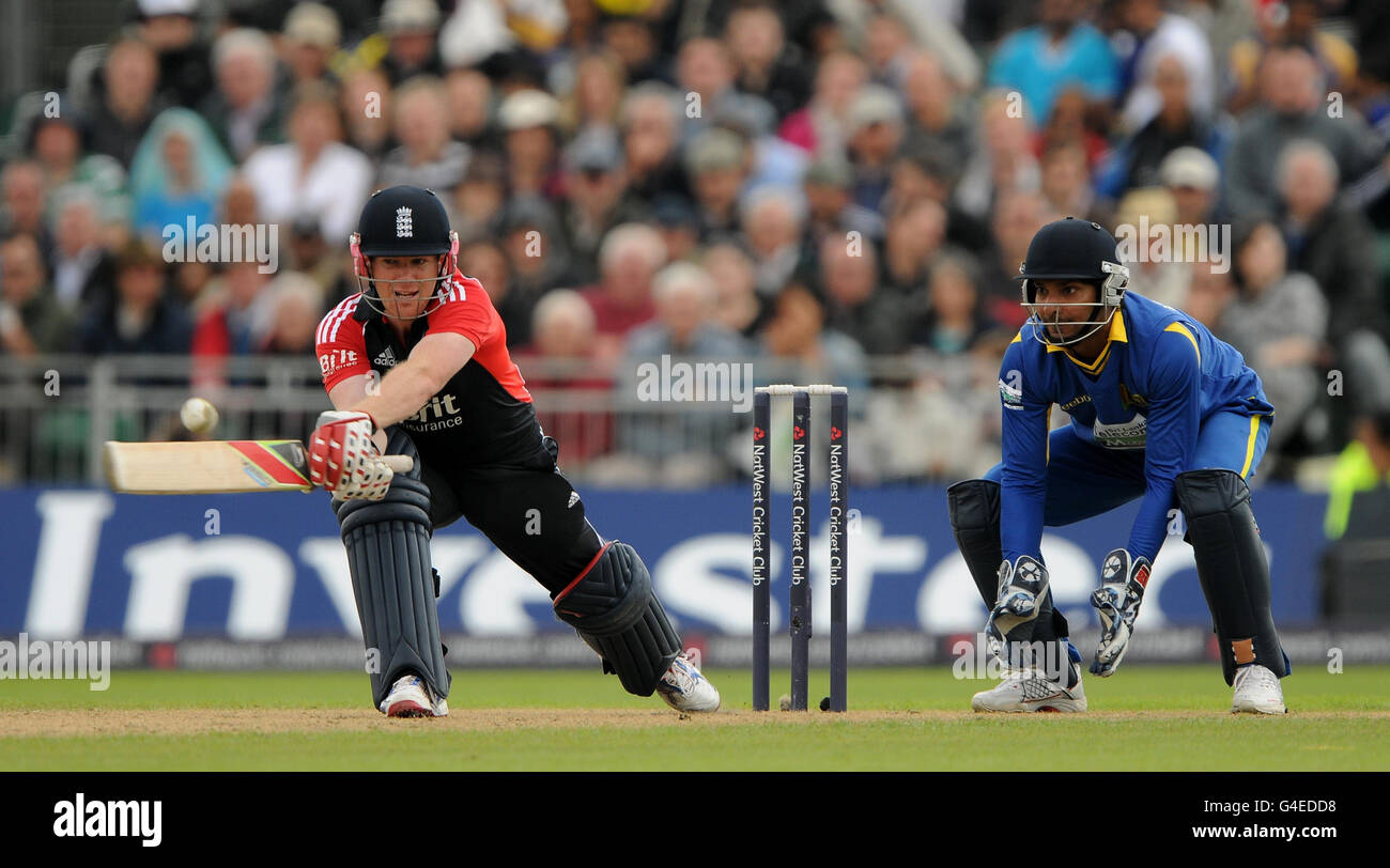 England's Eoin Morgan plays a reverse sweep shot during the Fifth ODI ...