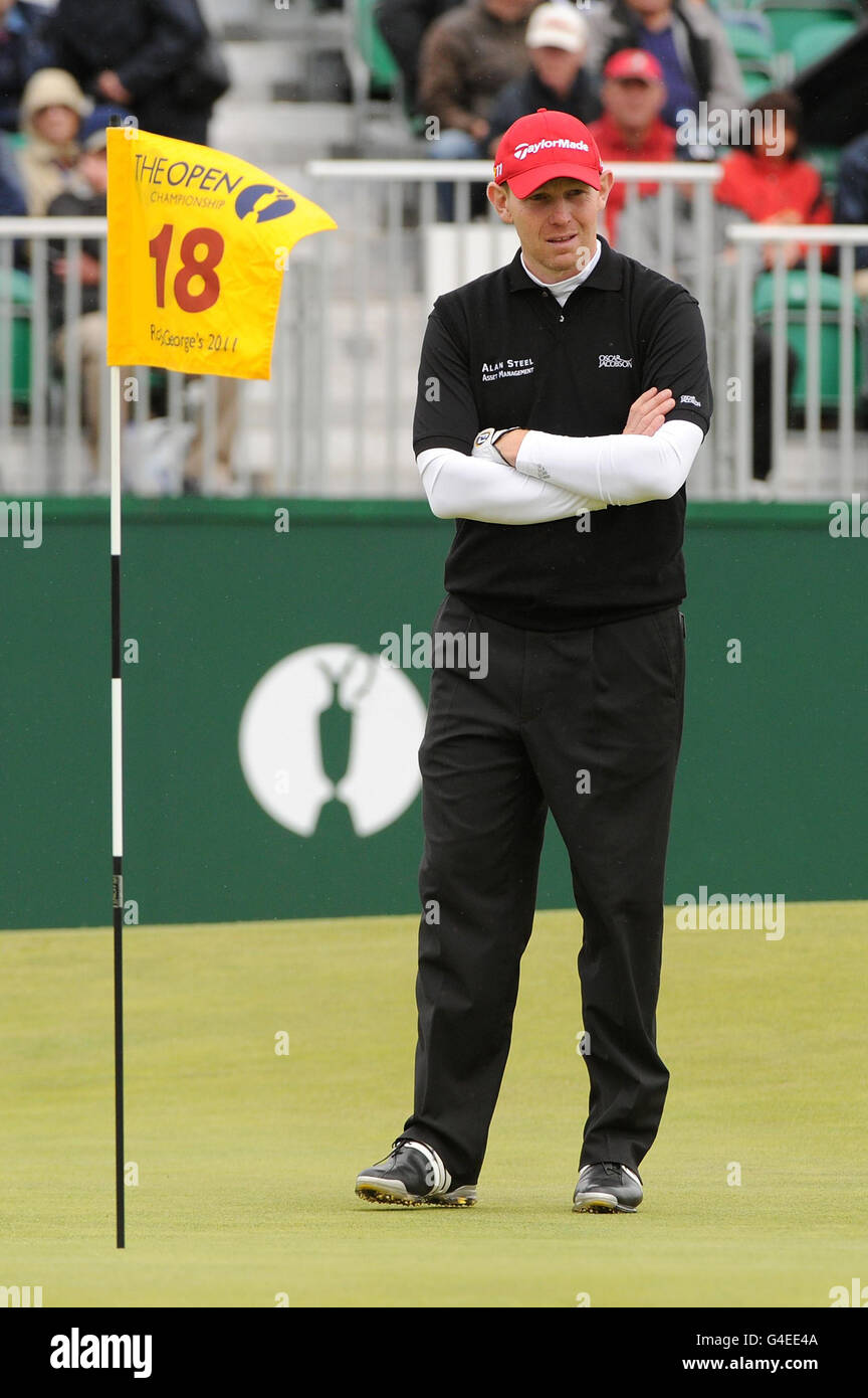 Scotland's Stephen Gallacher on the eighteenth green during round one ...