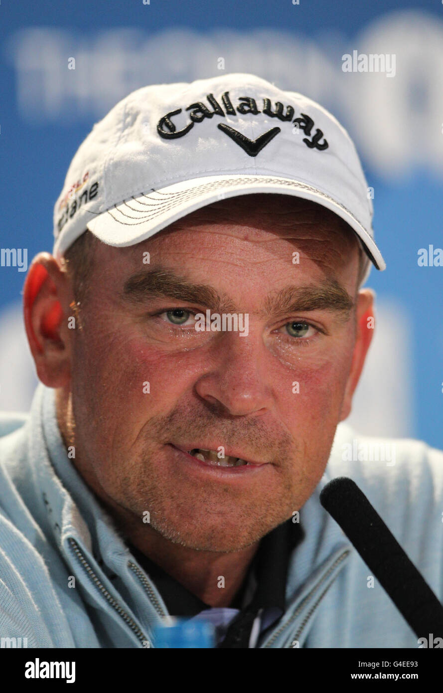 Denmark's Thomas Bjorn shows his emotion while speaking to the media ...
