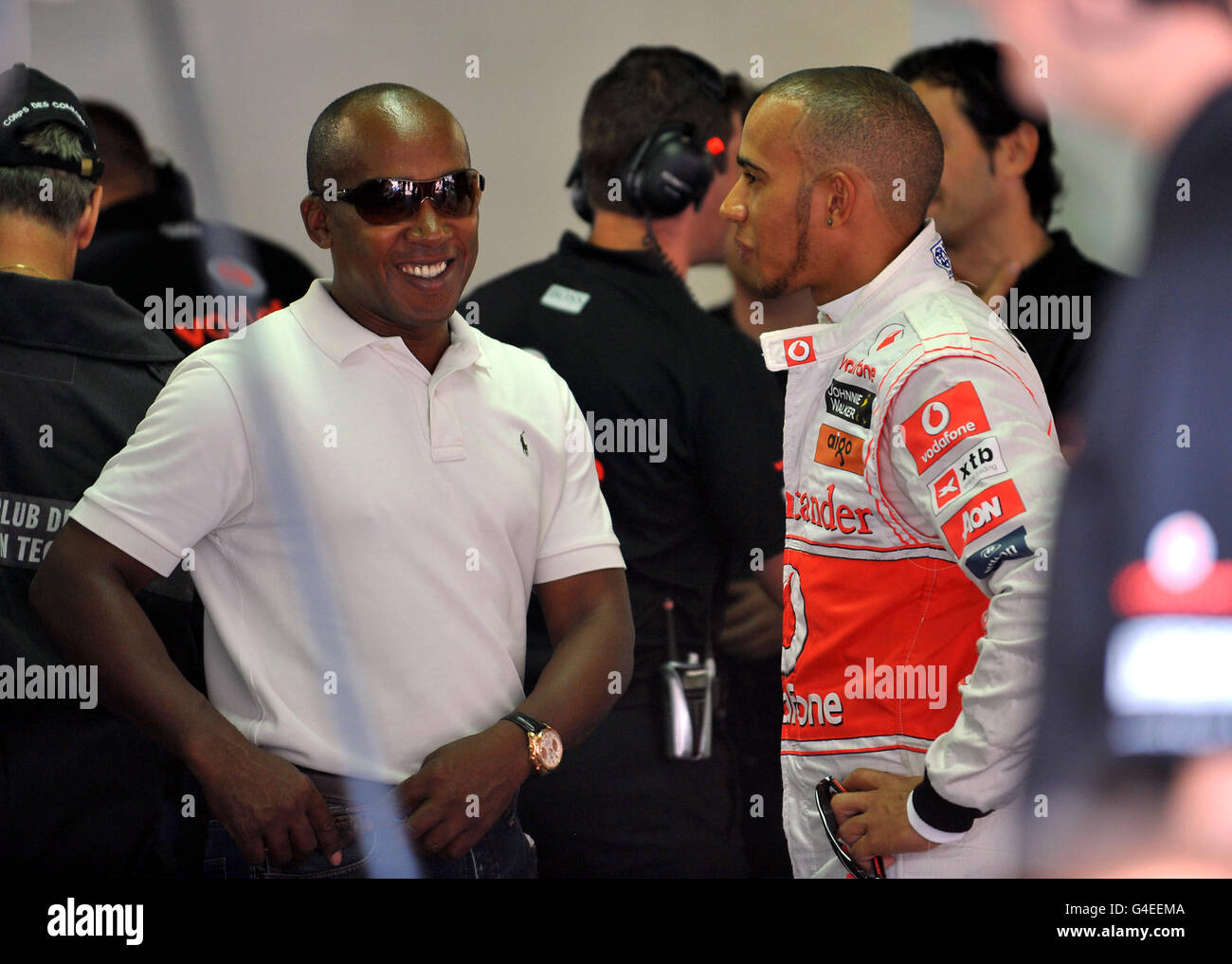 McLaren's Lewis Hamilton talks to his dad Anthony during the Practice ...