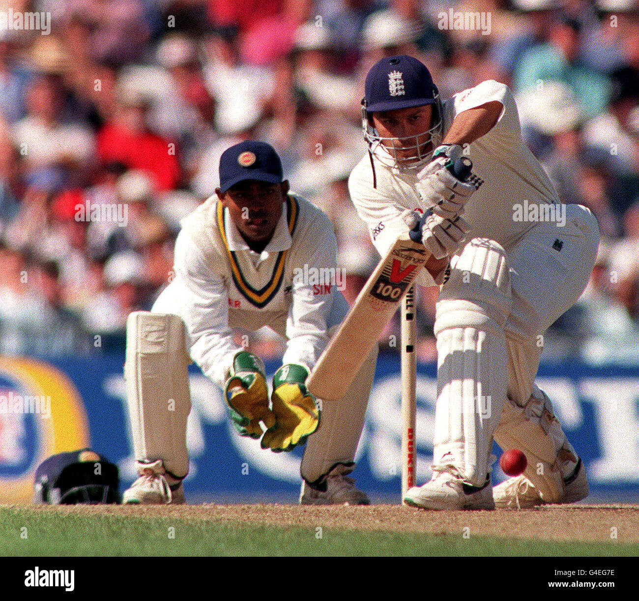 England batsman Mark Ramprakash fends away a ball at The Oval today ...