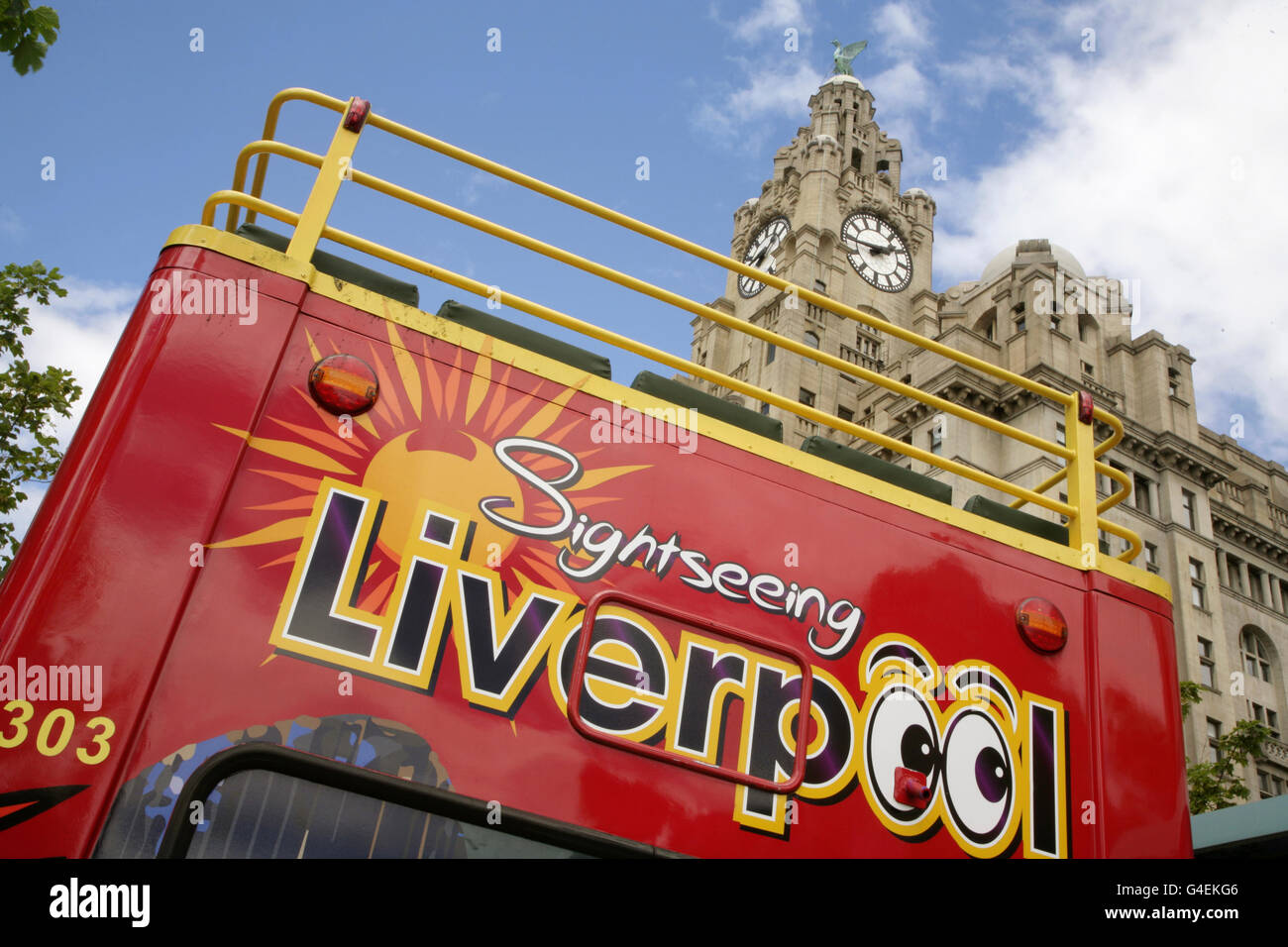 Sightseeing bus near the Liver Building, Liverpool, UK Stock Photo - Alamy