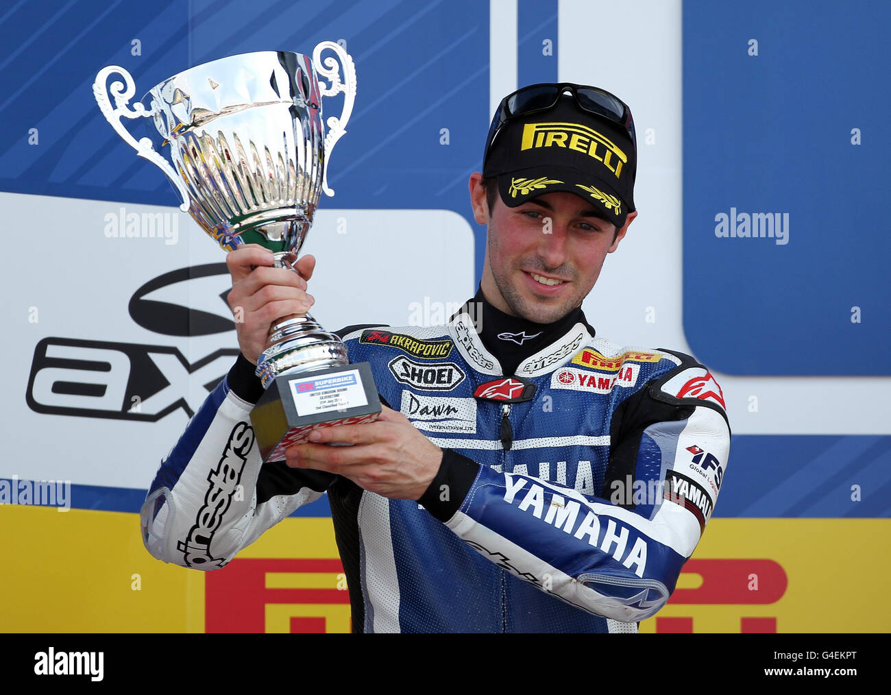 Ireland's Eugene Laverty celebrates his second place in Race 1 of the ...