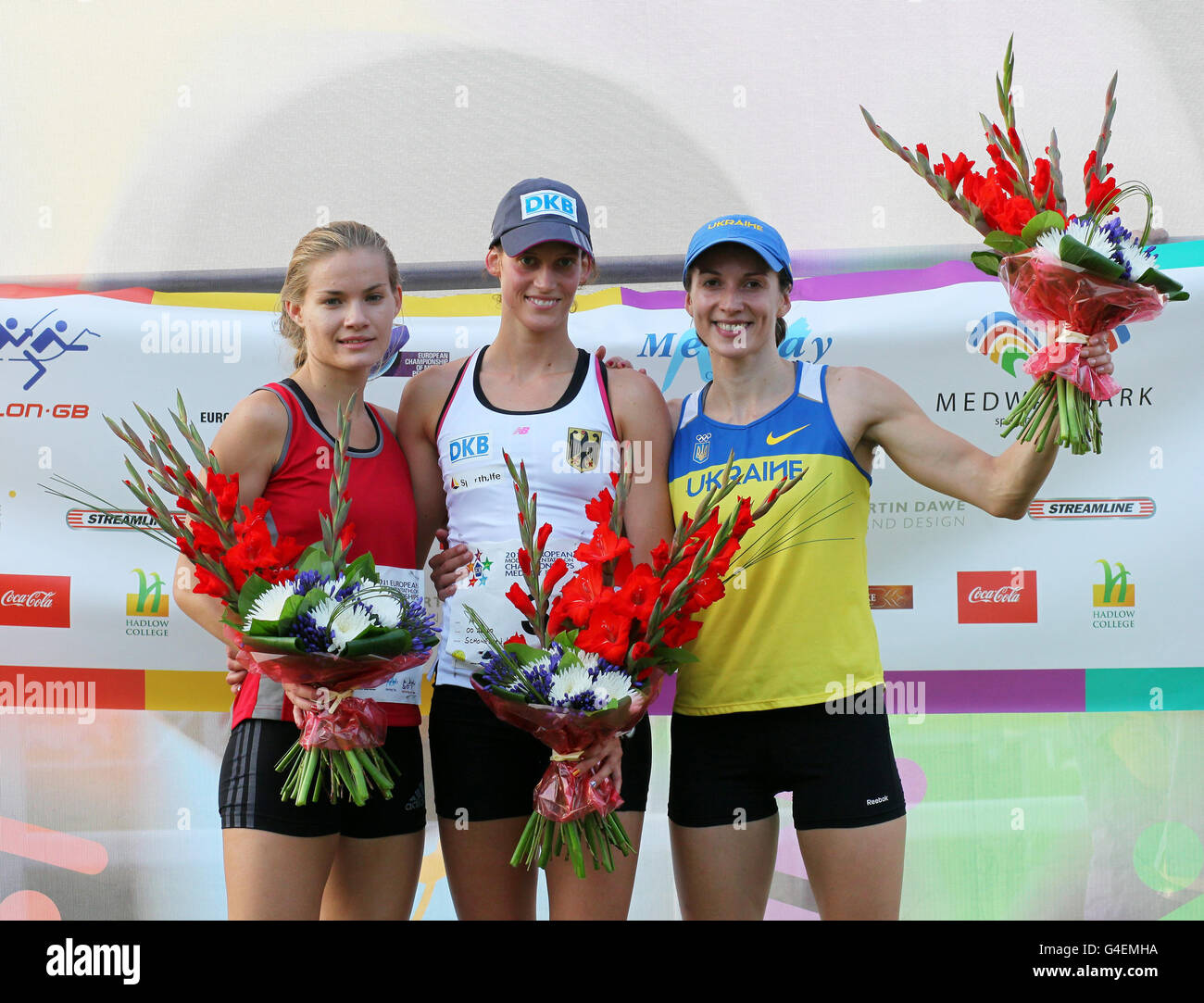 Germany's Lena Schoneborn (centre) winner of the Modern Pentathlon ...