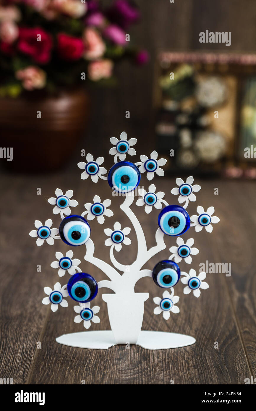 Decorative evel eye beads, Turkish traditional amulet on wooden ...