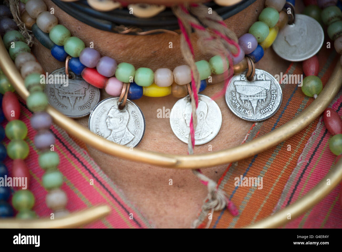 Detail of the necklace with old coins of a Kayaw woman, Yosapra village ...