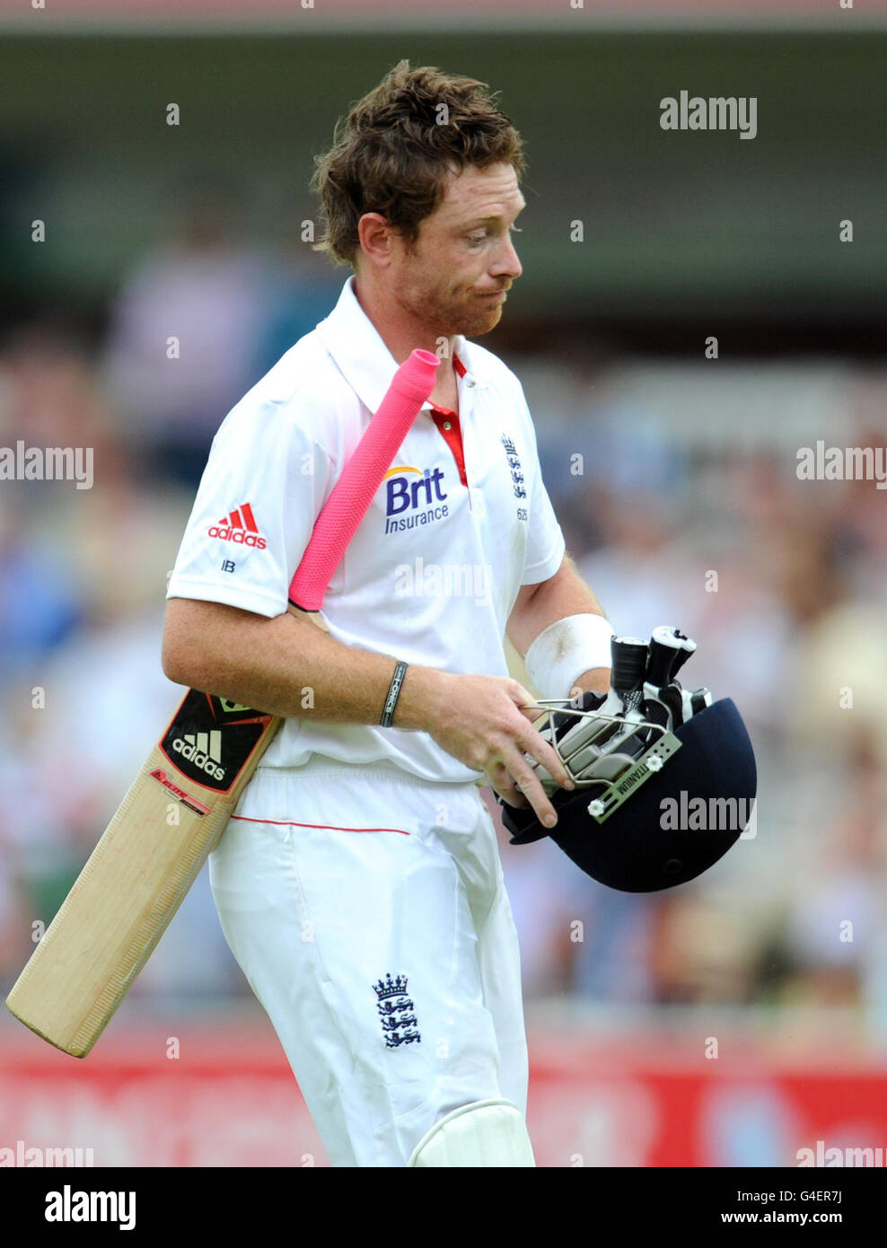 England's Ian Bell leaves the field after being caught behind off the ...