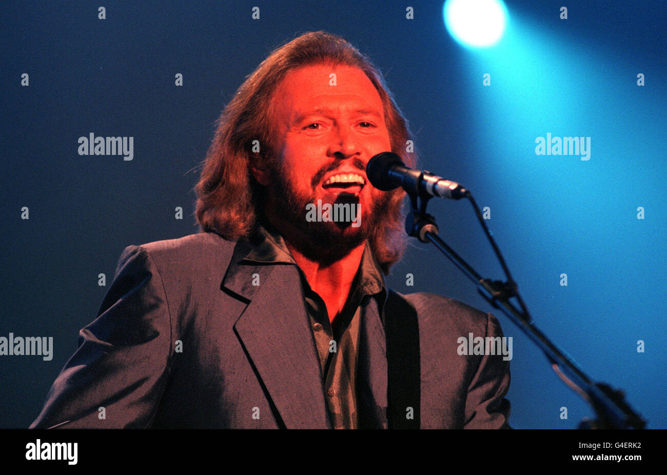 BARRY GIBB OF THE BEE GEES on stage AT WEMBLEY DURING THE GROUP'S ONLY ...