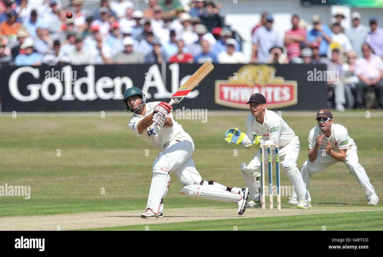 Nottinghamshire's Andre Adams hits out from the bowling of Lancashire's ...