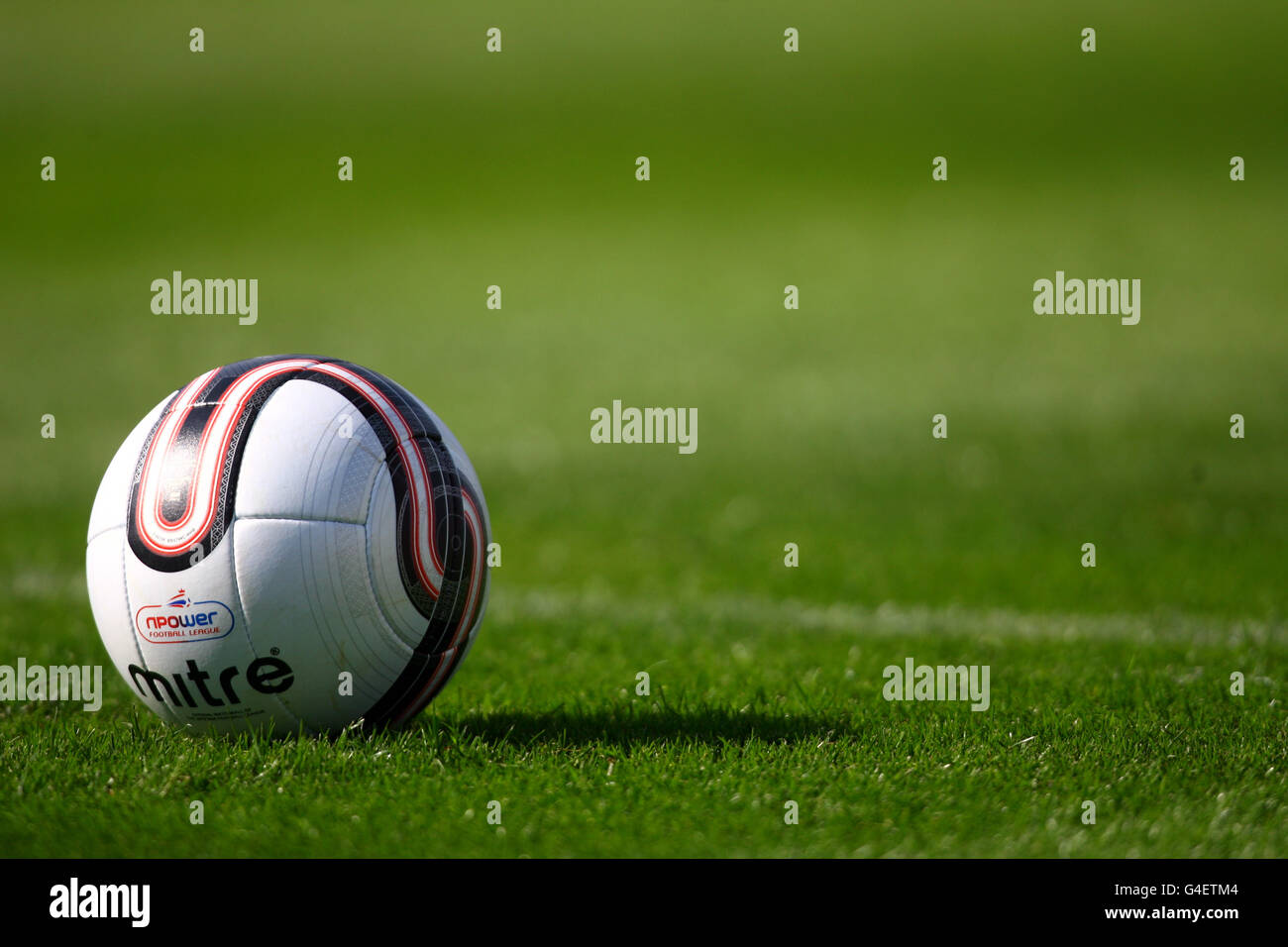 A general view of an official match ball on the pitch at Edgar Street ...