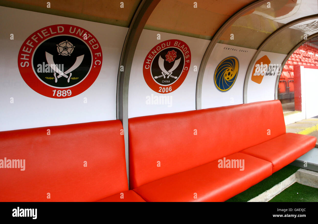 General view of a dugout featuring the emblems of Sheffield United and ...