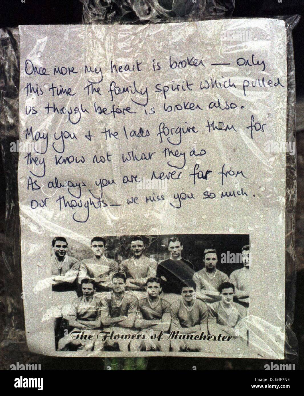 A poignant inscription on a wreath left at the foot of the Matt Busby ...