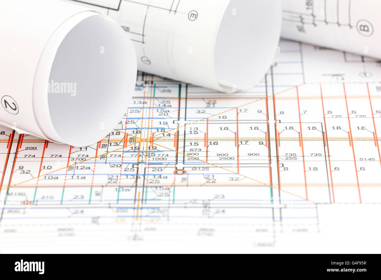 technical drawing detail and rolls of floor plan blueprints Stock Photo ...