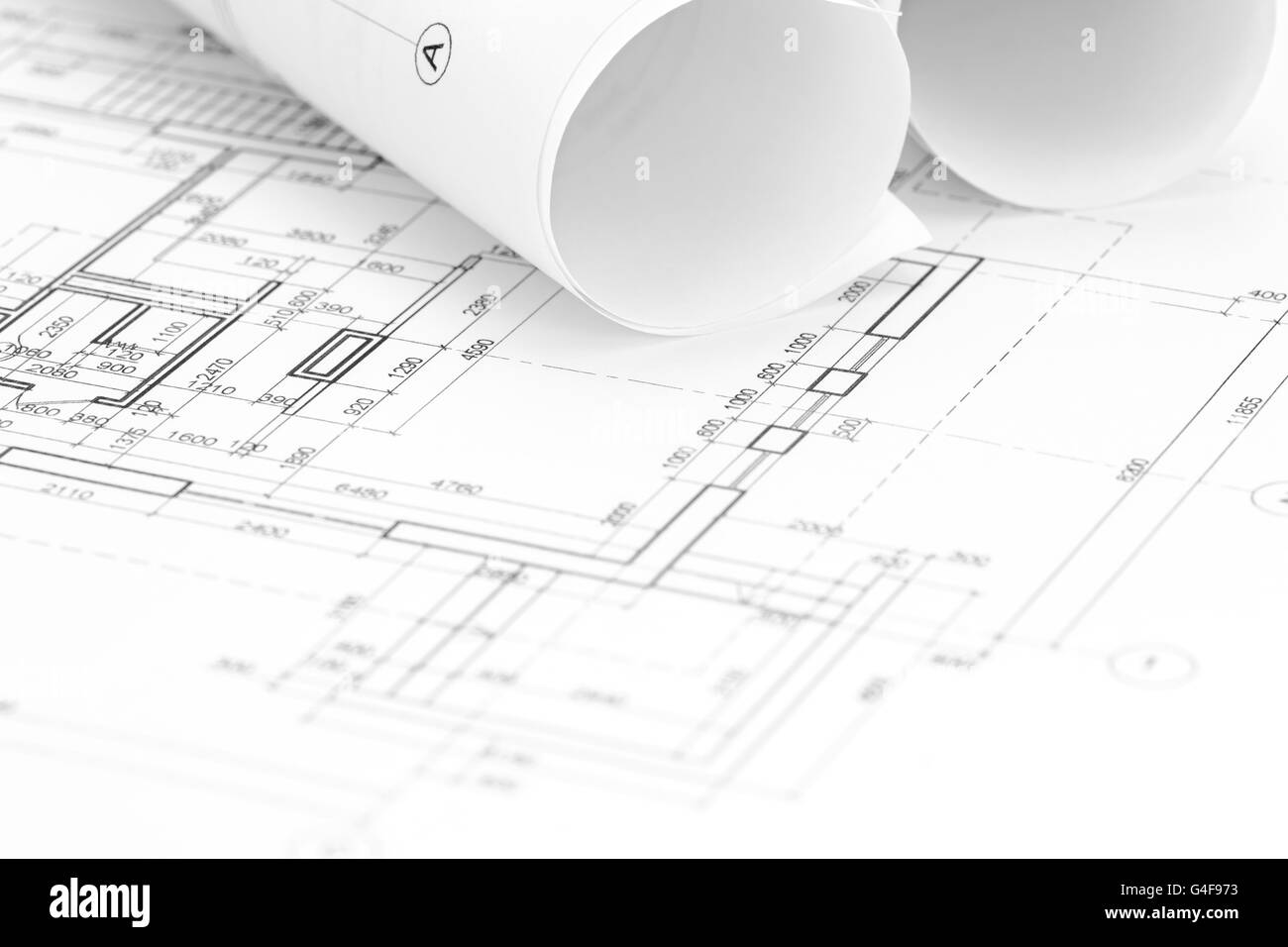 architectural project with rolled blueprints and technical drawings ...