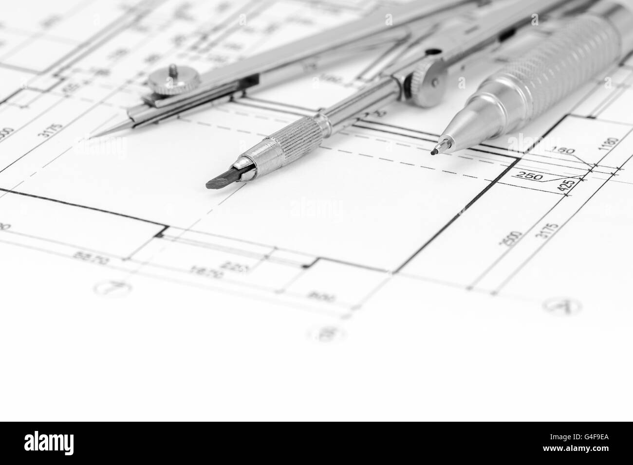 floor plan background with drawing compass and pencil Stock Photo - Alamy