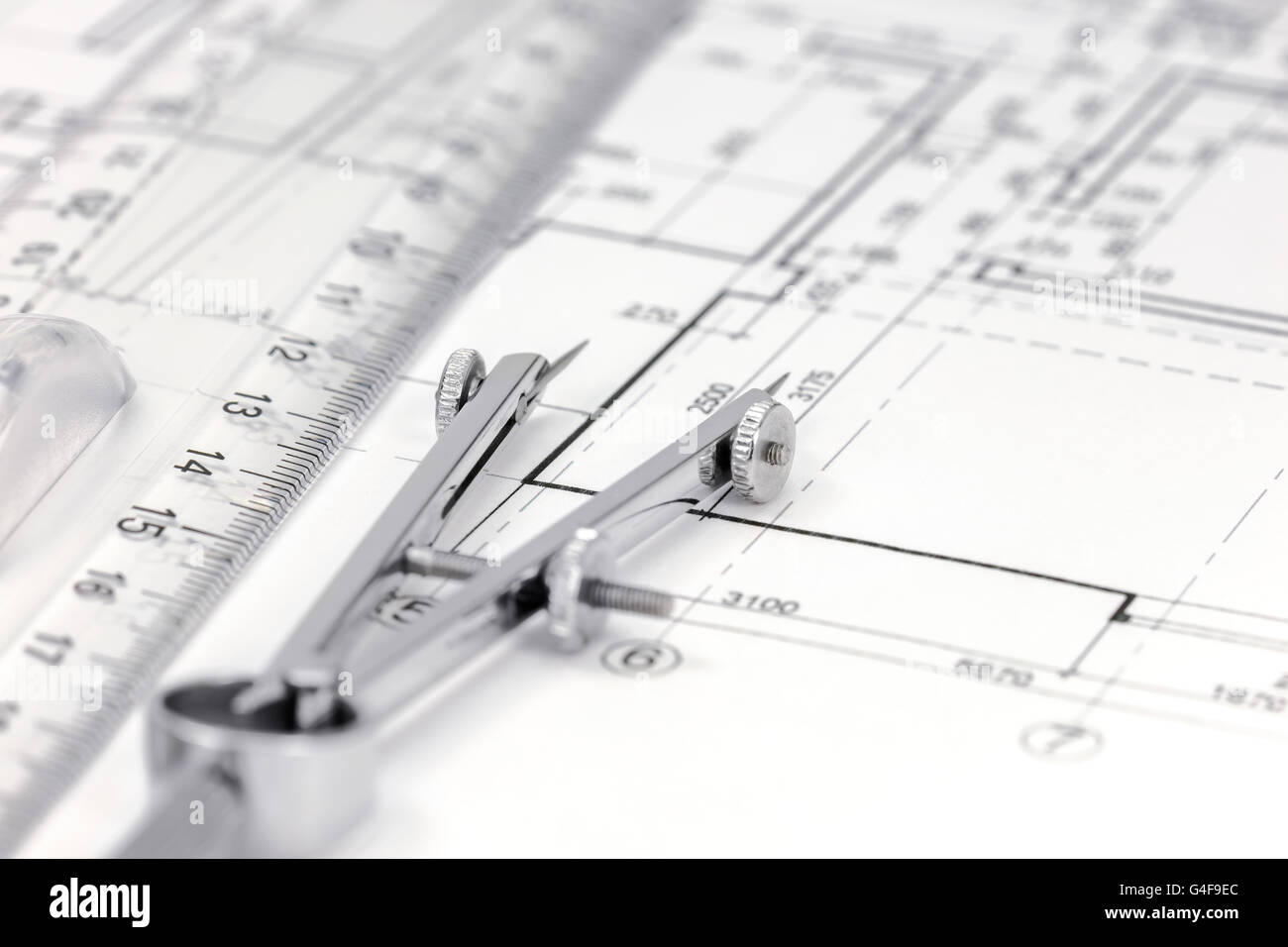architect workspace with floor plan, drawing compass and ruler Stock ...