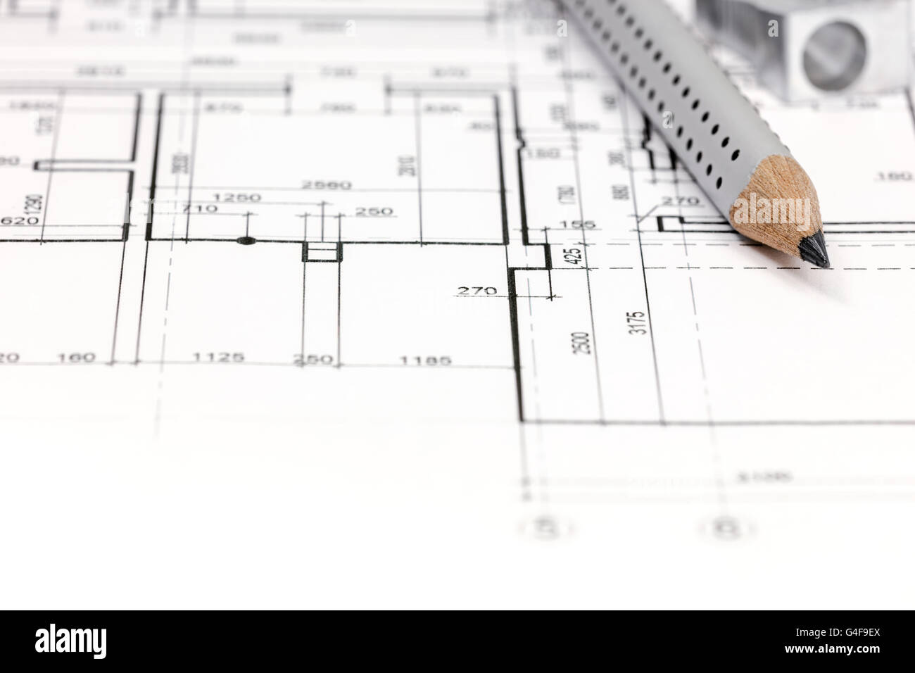 floor plan background and pencil closeup view Stock Photo - Alamy