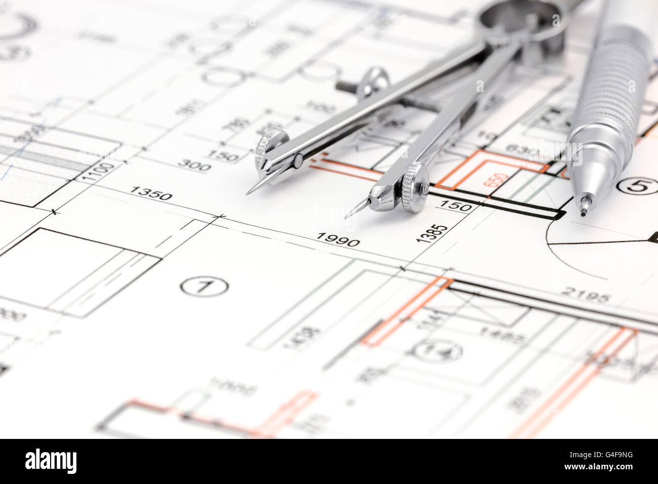 architectural drawings floor plan with drawing compass and pencil Stock ...