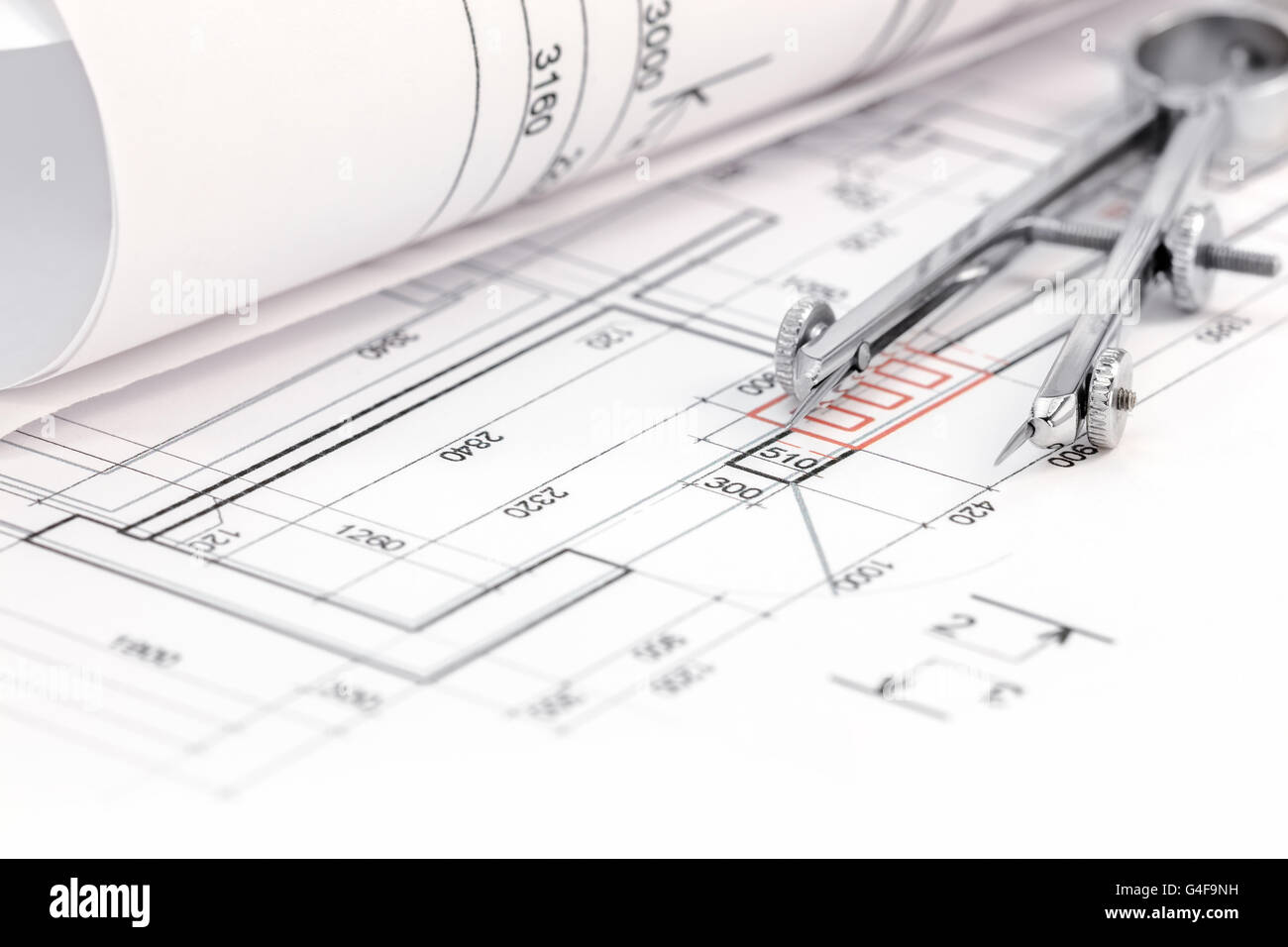 floor plan background with blueprint roll and drawing compass Stock ...