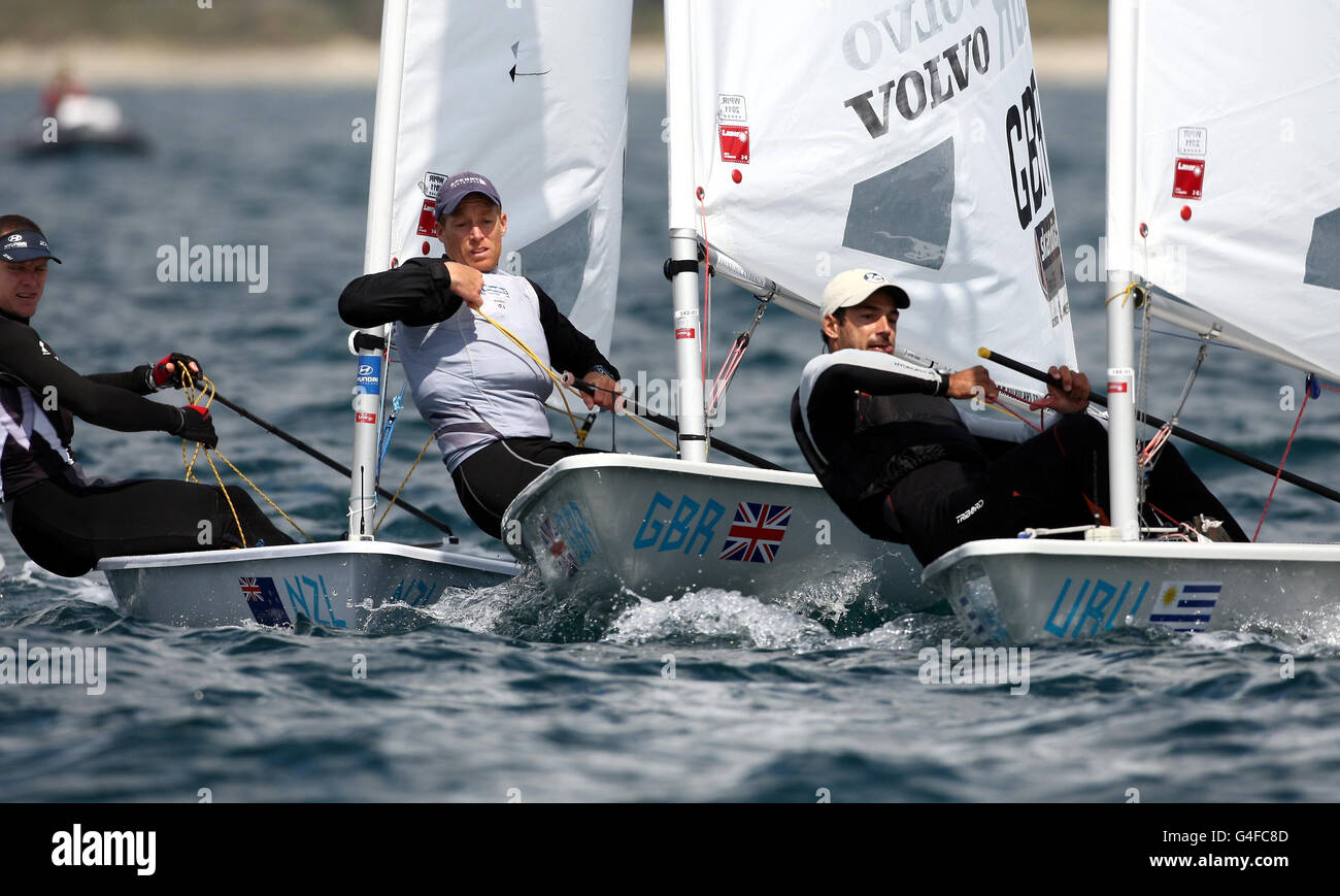 Great Britain's Paul Goodison looks for space on a crowded start line ...