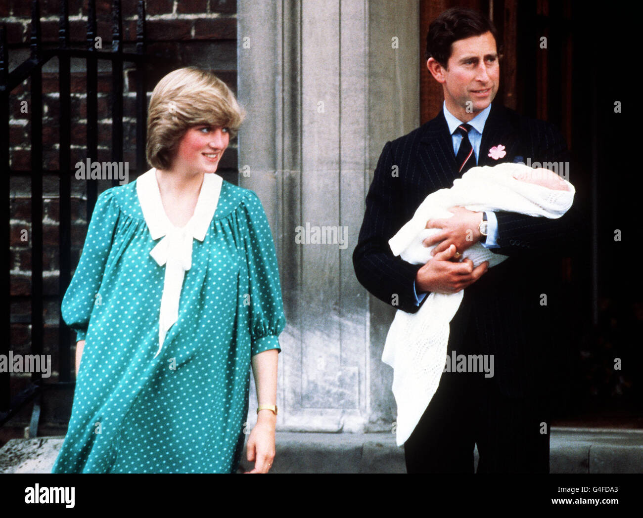 The Prince and Princess of Wales on the steps of the Lindo Wing of St ...