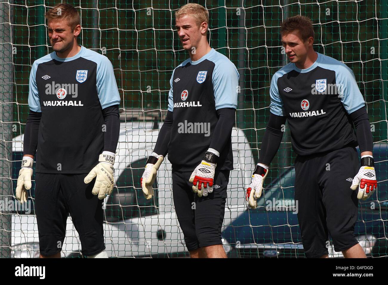 England goalkeepers Robert Green, Joe Hart and David Stockdale (left to ...