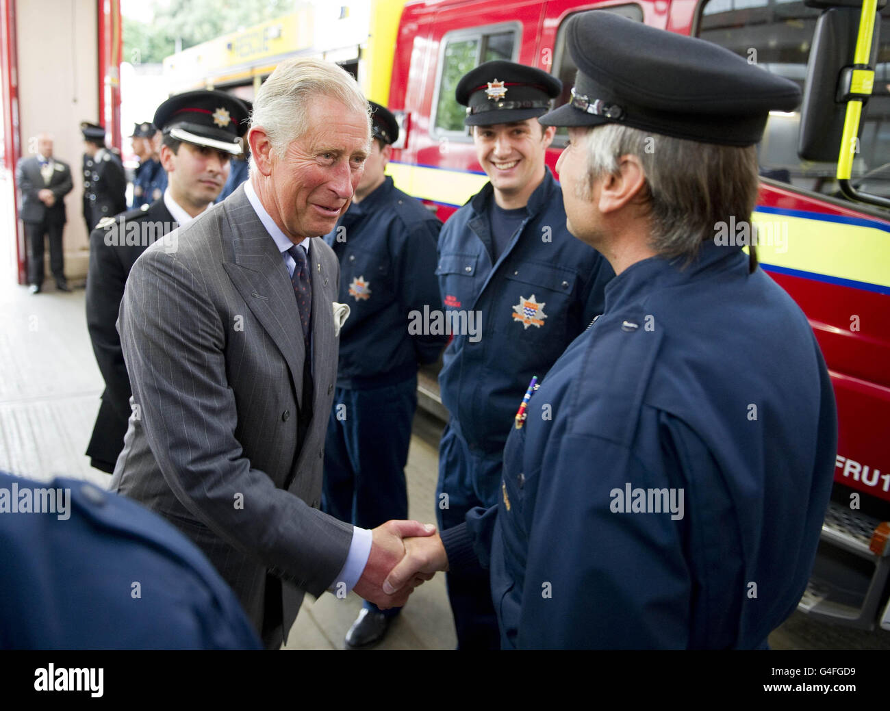 The Prince of Wales meets fireman at Croydon Fire Station, Surrey Stock ...
