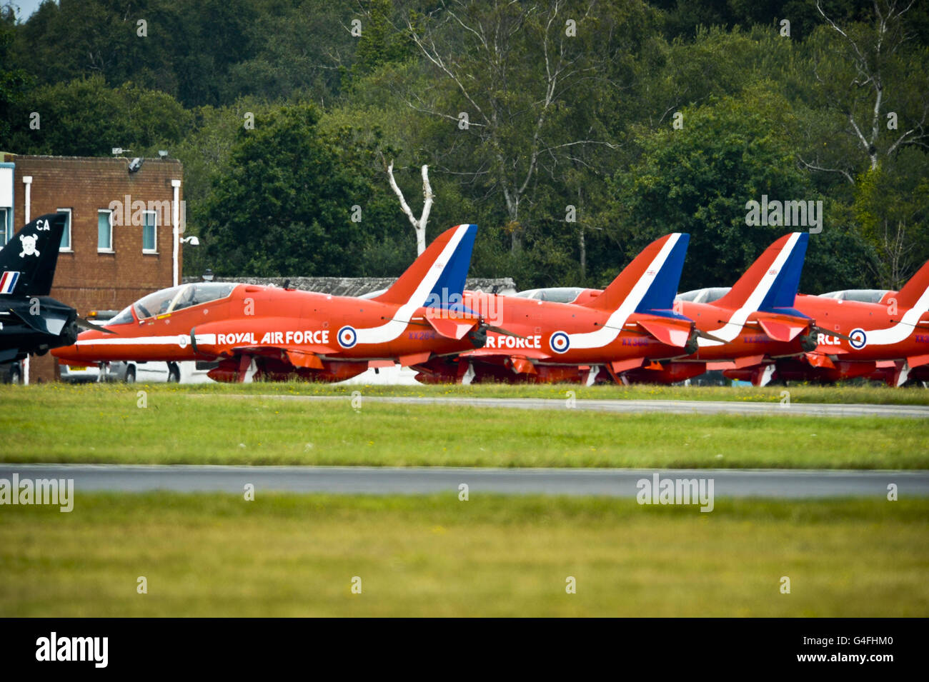 Red arrow Hawk aircraft are grounded at Bournemouth Airport in Dorset ...