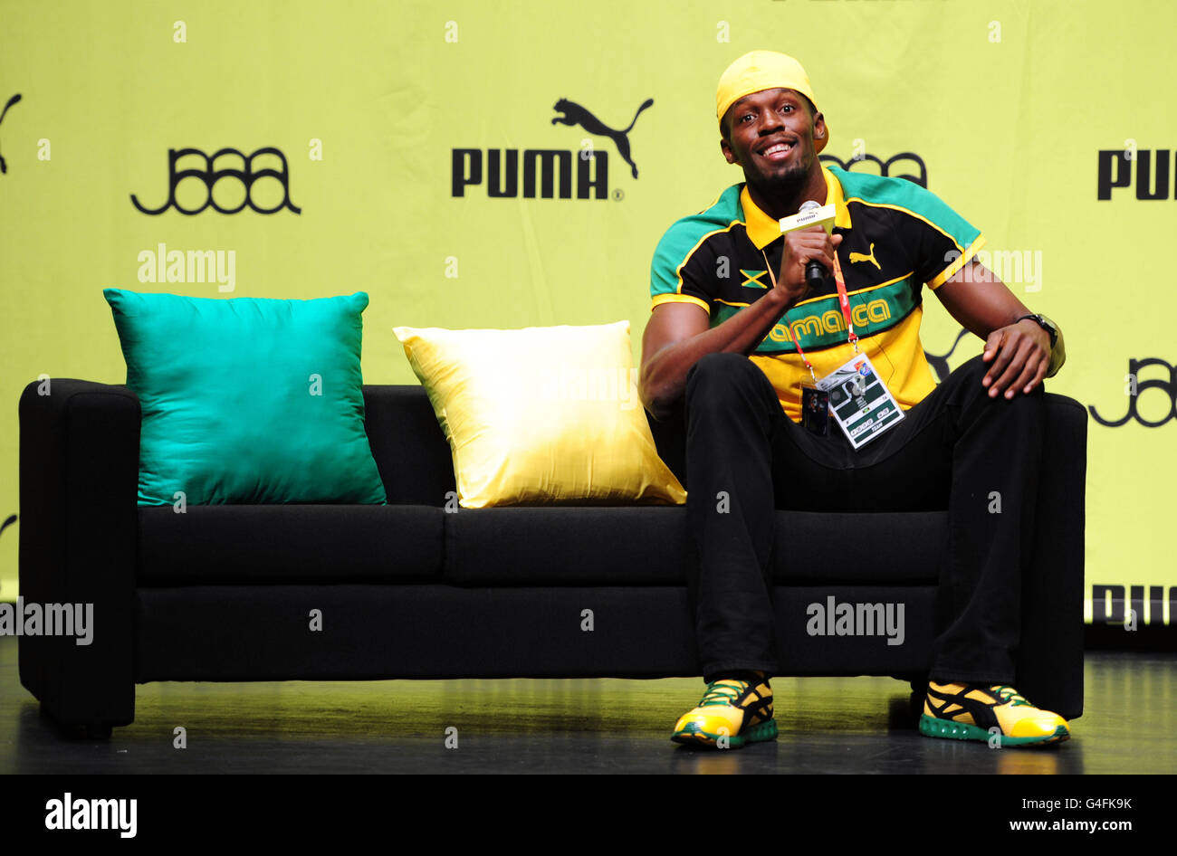 Jamaica's 100m sprinter Usain Bolt during a Press Conference at the ...