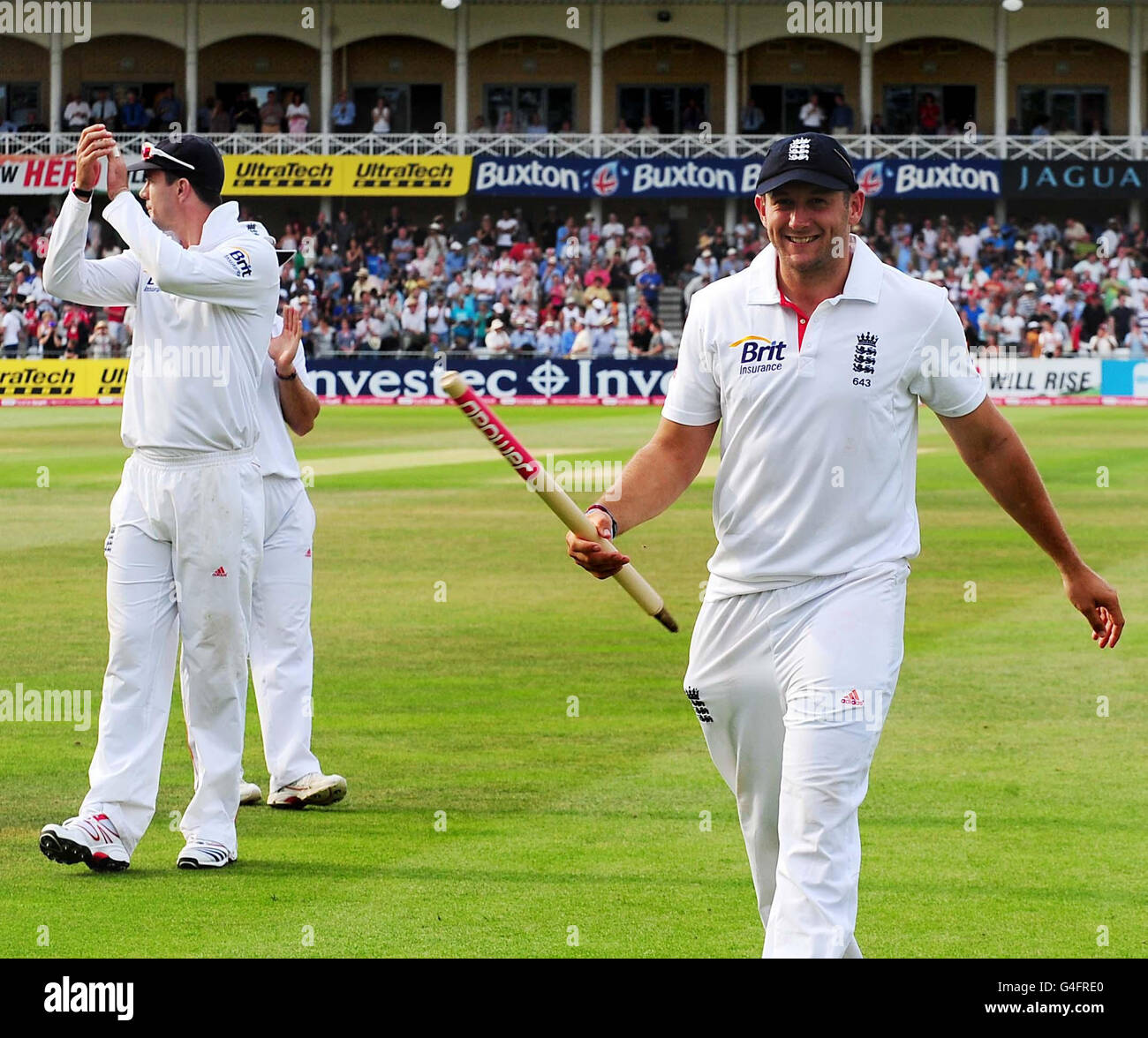 England's Tim Bresnan leaves the field after England beat India during ...