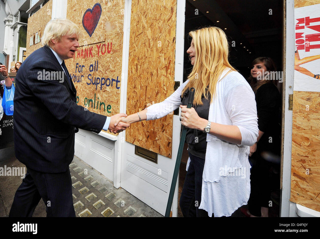 Mayor of London Boris Johnson meets with Ealing shop owner Liz Pilgrim ...