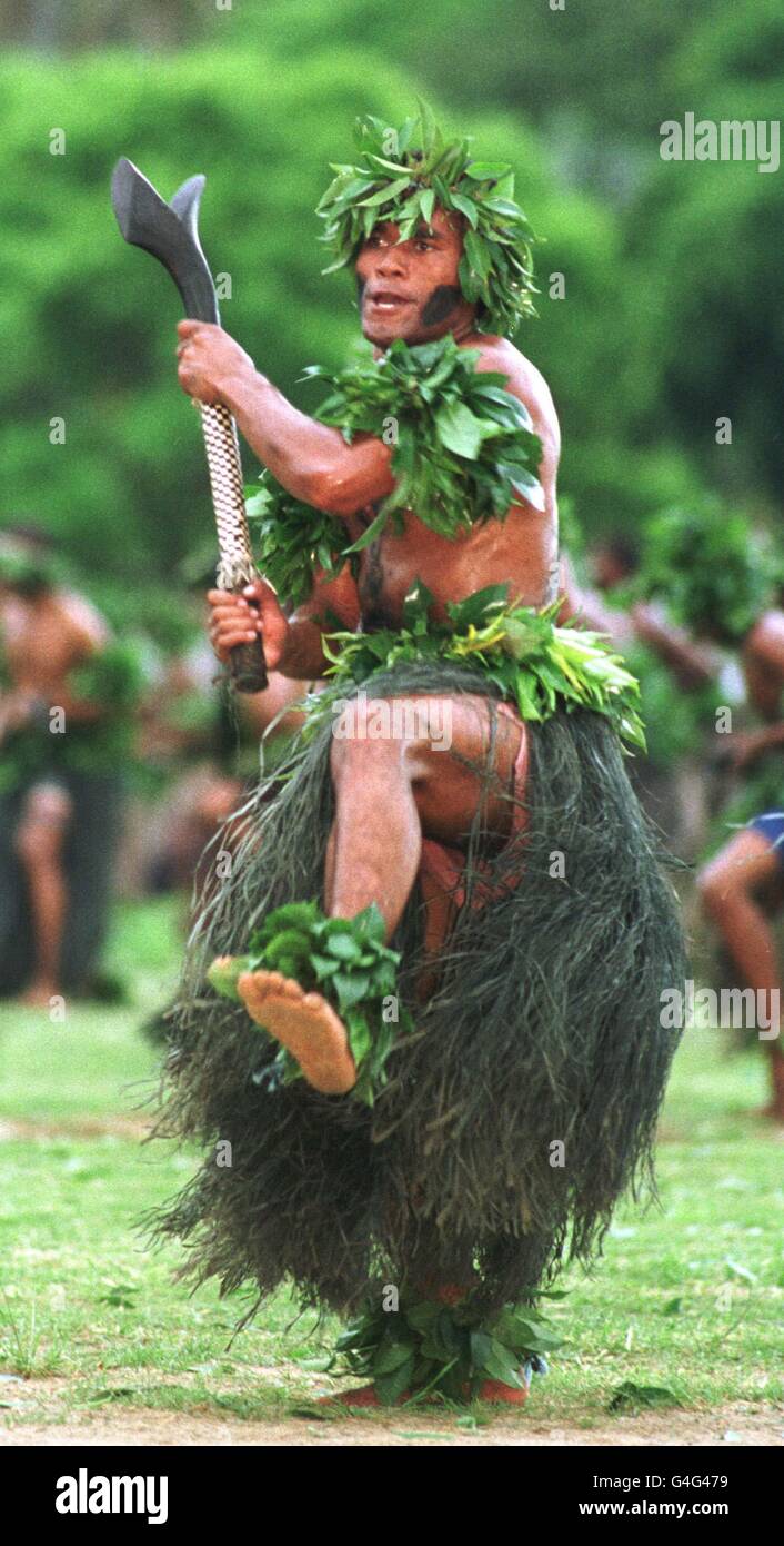One of the Fijian warriors performs a dance for the Duke of York at ...