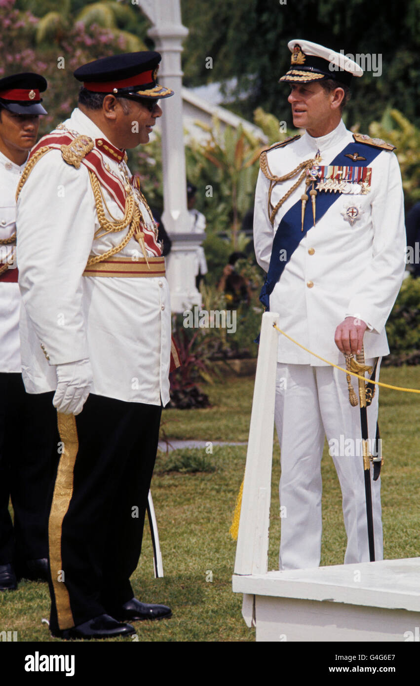 The Duke of Edinburgh with King Taufa'ahau Tupou IV of Tonga at the ...