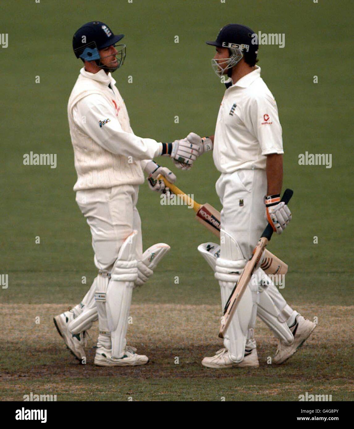 England batsman Graham Thorpe (left) and Mark Ramprakash shake hands ...