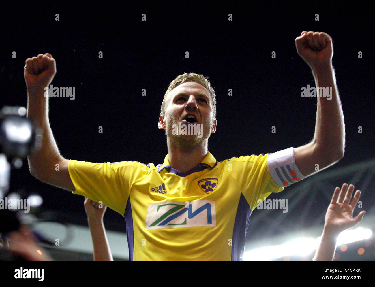 NK Maribor's Ales Maertelj celebrates victory at the final whistle ...