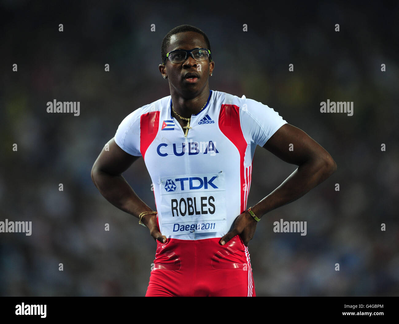 Cubas dayron robles after the mens 110m hurdles final hi-res stock ...