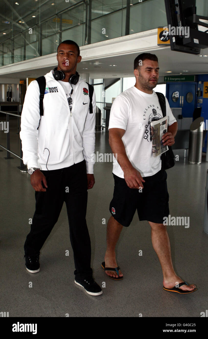 England Rugby team's Courtney Lawes and Nick Easter walk to the plane ...