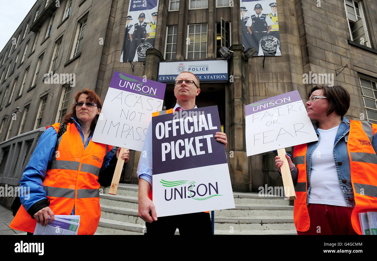 A picket line is seen outside Central Police station in Nottingham, as ...