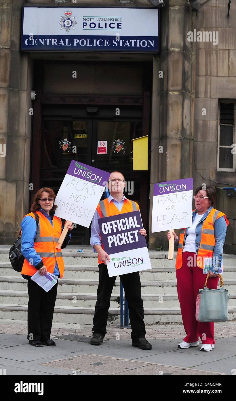 A picket line is seen outside Central Police station in Nottingham, as ...