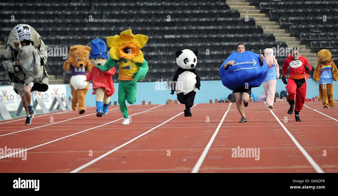 Mascots compete in the 100m race at Crystal Palace stadium in London to ...