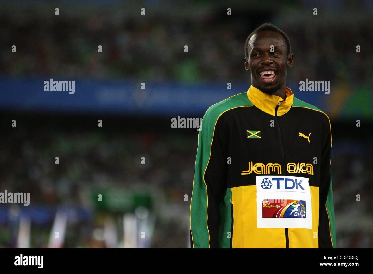 Jamaica's gold medalist Usain Bolt at the medal ceremony for the Men's ...