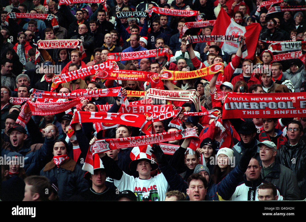 Liverpool football fans proudly display their team colours at Anfield ...