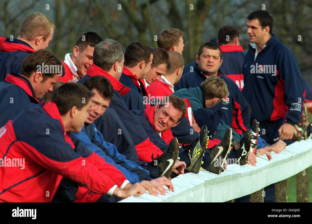 The England Rugby Union Team warm up with some stretching exercises ...
