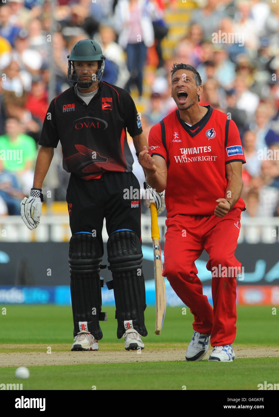 Lancashire Lightning's Sajid Mahmood celebrates the wicket of ...