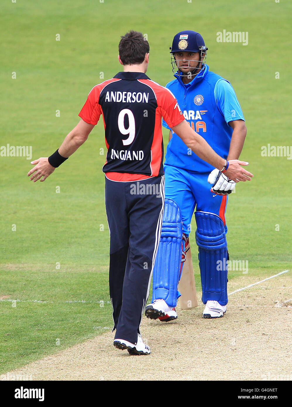 England's James Anderson and India's Suresh Raina square up to each ...